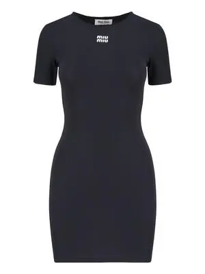 Miu Miu Stretch Jersey Logo Embellished Mini Dress - Black
