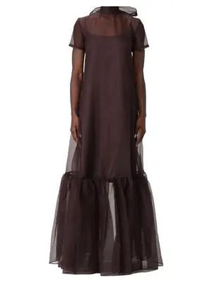 Staud Short Sleeve Sheer Maxi Dress With Ruffle Hem - Black