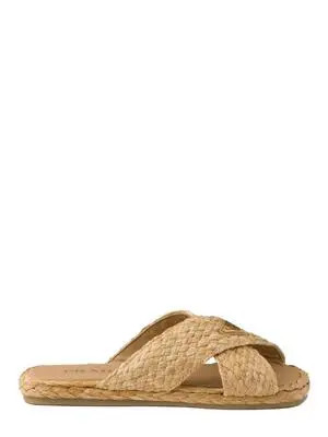 Prada Raffia Slip-on Sandals With Logo Detail - Neutral Color