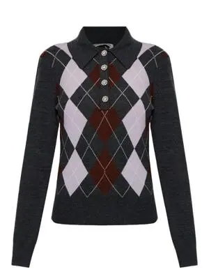 SELF-PORTRAIT Argyle Diamanté Polo Jumper - Grey