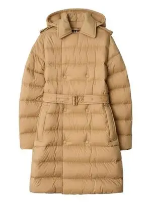Burberry Double-breasted Belted Hooded Puffer Coat - Light Brown