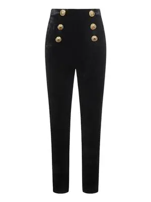 Balmain Skinny Velvet Trousers With Embossed Gold Buttons - Black