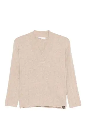 Max Mara Arten Ribbed V-neck Long Sleeve Jumper - Nude