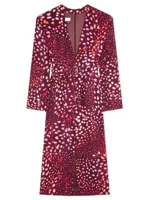 Dries Van Noten Printed V-neck Long Sleeve Belted Dress - Red