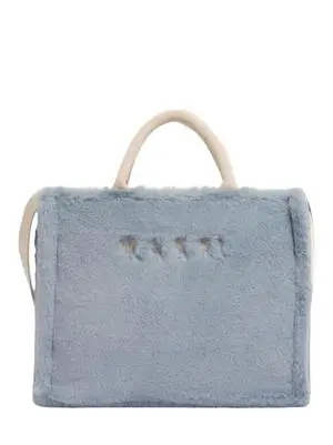 Marni Faux Fur Basket Shopper With Embroidered Logo - Light Blue