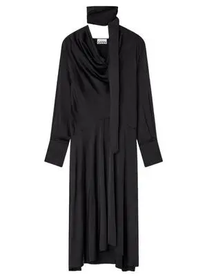 GANNI Cowl Neck Midi Dress With Scarf Detail - Black