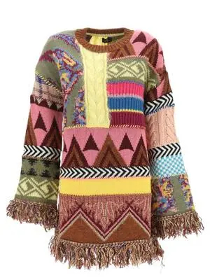 Etro Crewneck Mini Knitted Dress With Fringe Detail - Multicolor