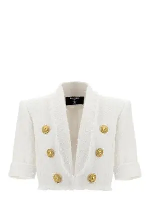 Balmain Cropped Tweed Jacket With Gold Button Detailing - White