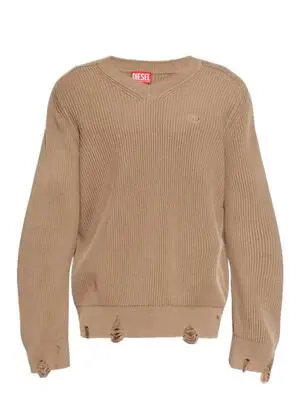 DIESEL® Ribbed V-neck Sweater With Distressed Details - Nude