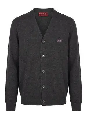 Gucci V-neck Button-up Cardigan With Embroidered Logo - Black