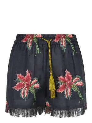 Valentino Garavani Floral Print Fringed Hem Shorts - Black