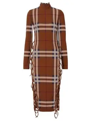 Burberry Checked High Neck Long Sleeve Dress - Brown