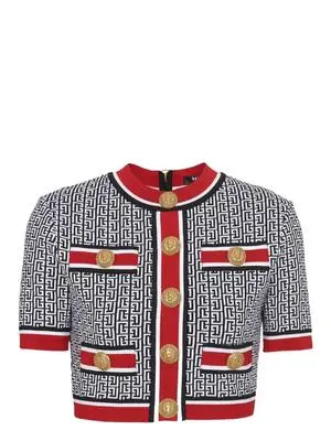 Balmain Jacquard Monogrammed Cropped Top With Lion Head Buttons - Black