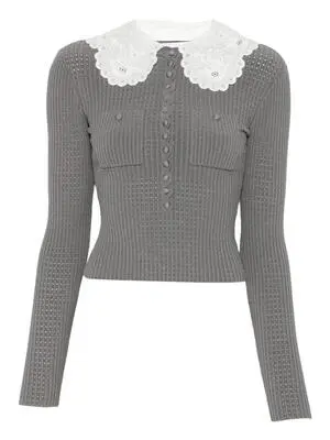 SELF-PORTRAIT Lace Collar Knitted Top - Grey