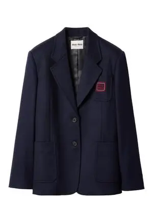 Miu Miu Single-breasted Velour Jacket With Embroidered Logo - Navy