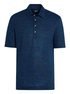 Zegna Zegna Oasi Lino Short-Sleeved Polo Shirt Navy Blue