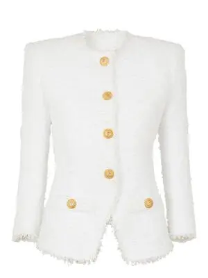 Balmain Fitted Tweed Jacket With Gold Metal Snap Buttons - White