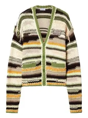 Off-White Striped V-neck Knitted Cardigan - Multicolor