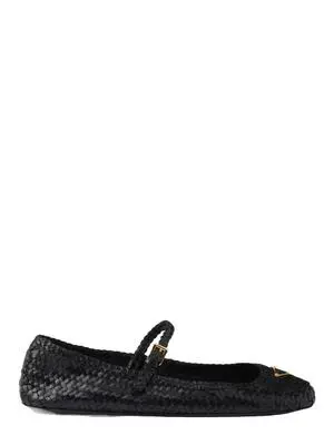 Prada Woven Ballerinas With Metal Buckle Detail - Black