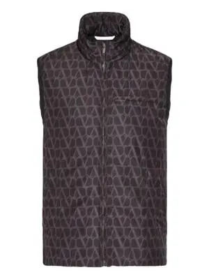 Valentino Garavani High Neck Zip-up Gilet With Iconograph Canvas Printing - Black