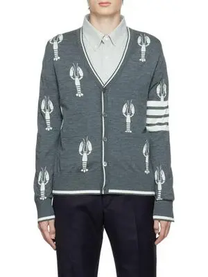 Thom Browne Lobster Intarsia Merino Wool V-neck Cardigan - Medium Gray