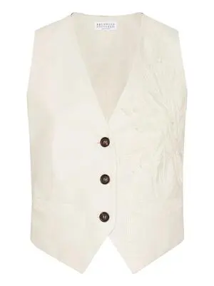 Brunello Cucinelli Floral Appliqué Waistcoat - White