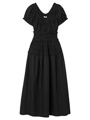 DÔEN Short Sleeve Dress With Ruffle Neckline And A-line Skirt - Black