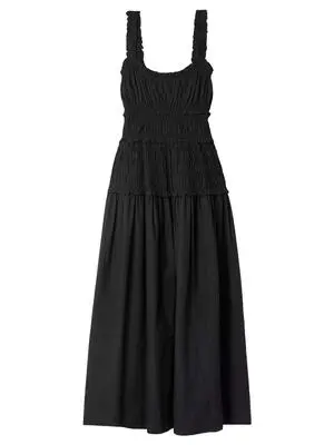 DÔEN Shirred Scoop-neck Dress With Ruffled Straps - Black