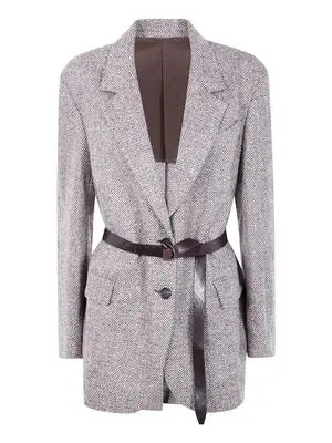 Brunello Cucinelli Brunello Cucinelli Herringbone Belted Jacket Gray