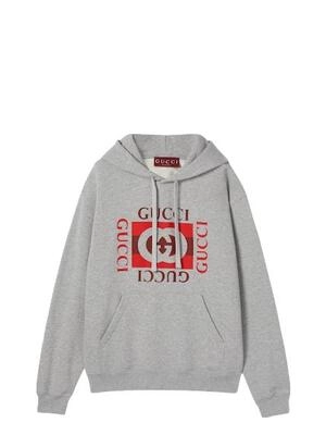 Gucci Logo Printed Drawstring Hoodie - Grey