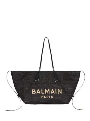 Balmain Raffia And Calfskin Track Tote Bag - Black