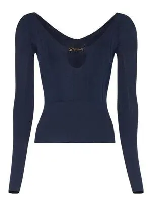 Jacquemus Ribbed Knit Long Sleeve Top With Gold Detail - Black