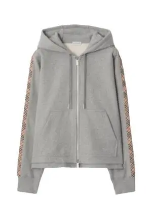 Burberry Check-band Zip-up Drawstring Hoodie - Light Gray