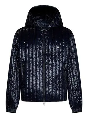 Emporio Armani Logo Embroidered Quilted Hooded Jacket - Black