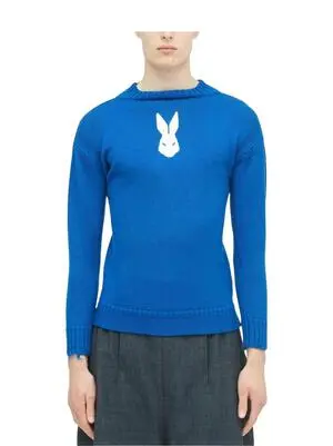 MAISON MARGIELA Distressed Effect Ribbed Knit Jumper With Rabbit Motif - Blue