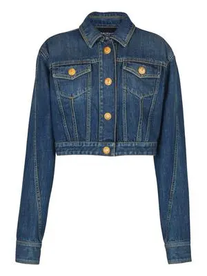 Balmain Cropped Faded Denim Jacket With Snap Cuffs - Blue