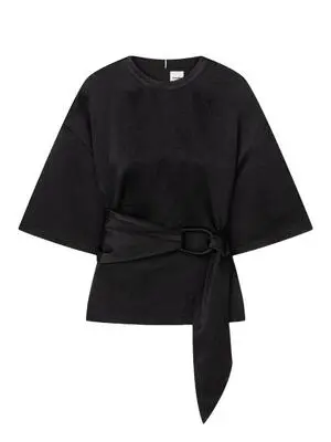Nanushka Besia Belted Crinkled Satin Top - Black
