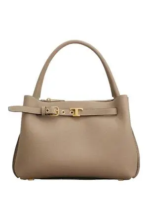 TOD'S T-plaque Belt Detail Calfskin Leather Tote Bag - Beige