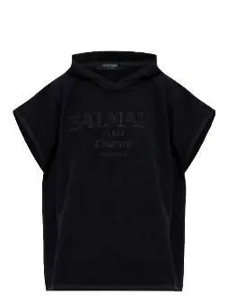 Balmain Hooded Cape With Branded Detailing - Black