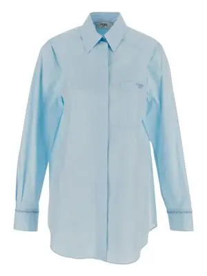 Fendi Logo Embroidered Cotton Shirt - Blue