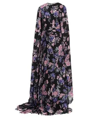Balenciaga Floral Print Pleated Cape Dress - Black
