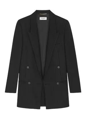 Saint Laurent Double-breasted Oversized Jacket In Striped Wool - Black
