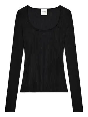 COURREGES Long-sleeve Square-neck Ribbed Jumper With Button Detail - Black
