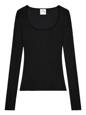 COURREGES Long-sleeve Square-neck Ribbed Jumper With Button Detail - Black
