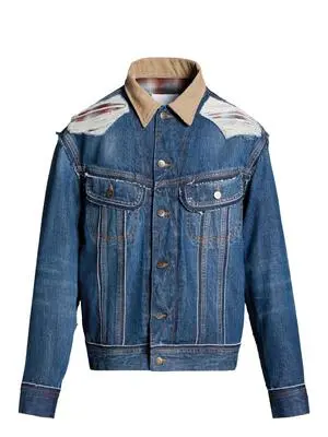 MAISON MARGIELA Distressed Denim Jacket With Corduroy Lapel - Blue