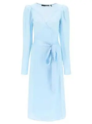 ROTATE BY BIRGER CHRISTENSEN Textured Midi Wrap Dress With Bubble Sleeves - Blue