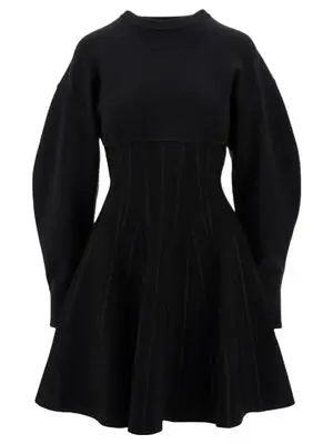 Alexander McQueen Long Sleeved Crewneck Mini Dress - Black