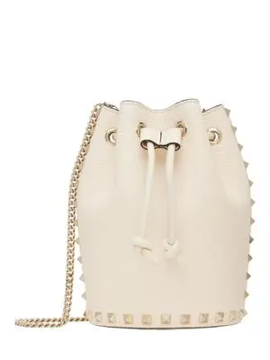 Valentino Garavani Studded Drawstring Shoulder Bag - Light Ivory Leather.