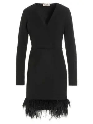 TWINSET Feather Trim V-neck Mini Dress - Black