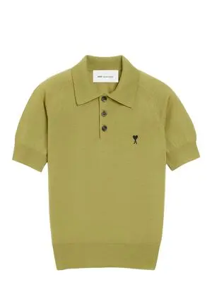 Ami Logo Embroidered Knitted Polo Top - Matcha/black